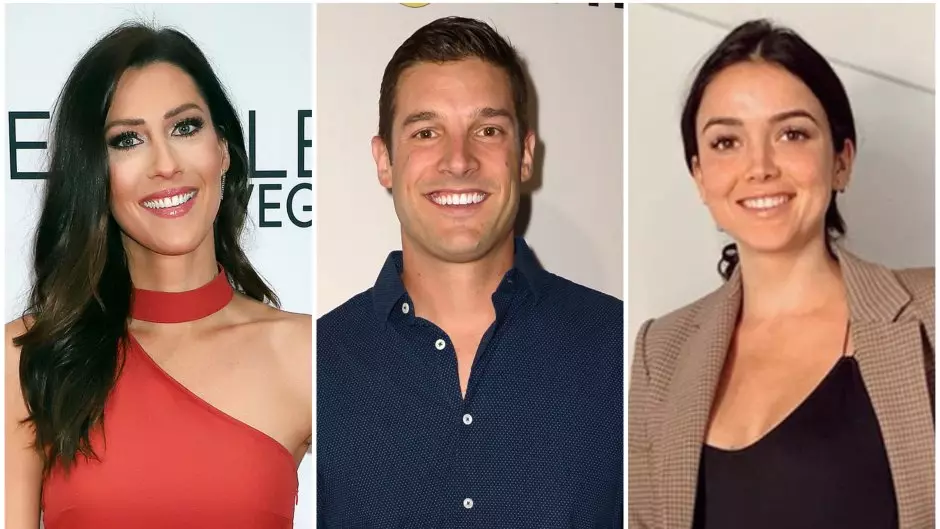 La soltera Becca Kufrin usa un vestido rojo de un solo hombro Su prometido Garrett Yrigoyen sonríe con una camisa azul con botones La estrella de Bachelor Nation Bekah Martinez usa jeans negros y un blazer marrón