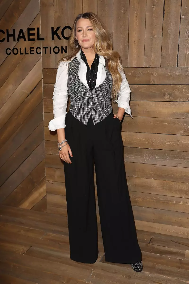 Blake Lively Close Up Patterned Vest and Black Pants at Michael Kors Show NYFW