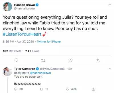 Hannah Brown ir Tyler Cameron flirty Twitter Exchange