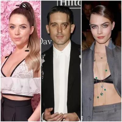 Nakasuot si Ashley Benson ng High Ponytail na may White Lace Top G Eazy Wears Black Suit With White Shirt Si Cara Delevingne Wears Black Bra Top at Gray Suit