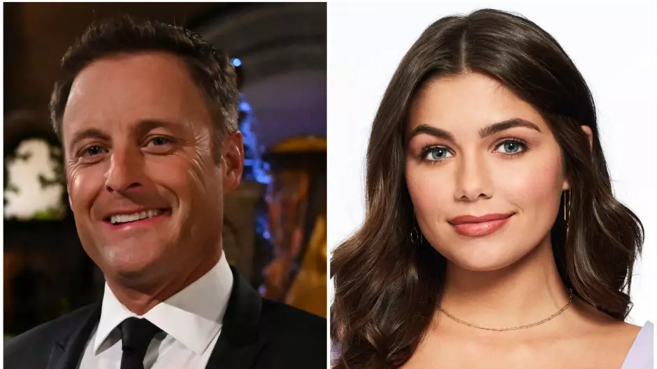 Bachelorvert Chris Harrison har på seg svart dress i delt bilde med Hannah Ann Sluss i lilla topp