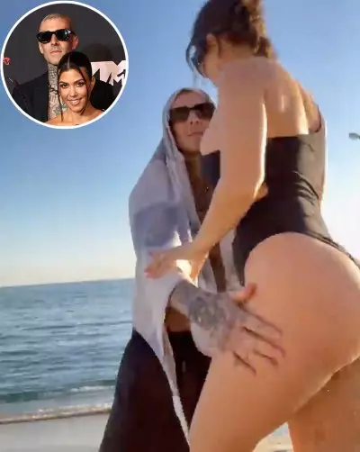 Travis Barker żartobliwie łapie gołe za plecami Kourtney Kardashian w stringach podczas romantycznego wypadu do Laguna Beach