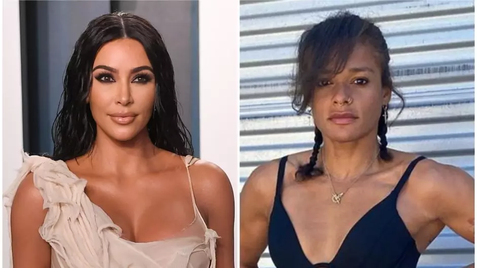 Kim Kardashian dia manao akanjo fotsy voaravaka amin'ny Vanity Fair Oscars Afterparty Ny mpampiofana manokana azy Melissa Alcantara dia manao akanjo mainty hoditra amerikana tsara.