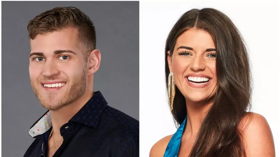 Luke Parker Bachelorette Headshot con camisa azul con botones Imagen dividida con Madison Prewett Bachelor Headshot con top de seda azul