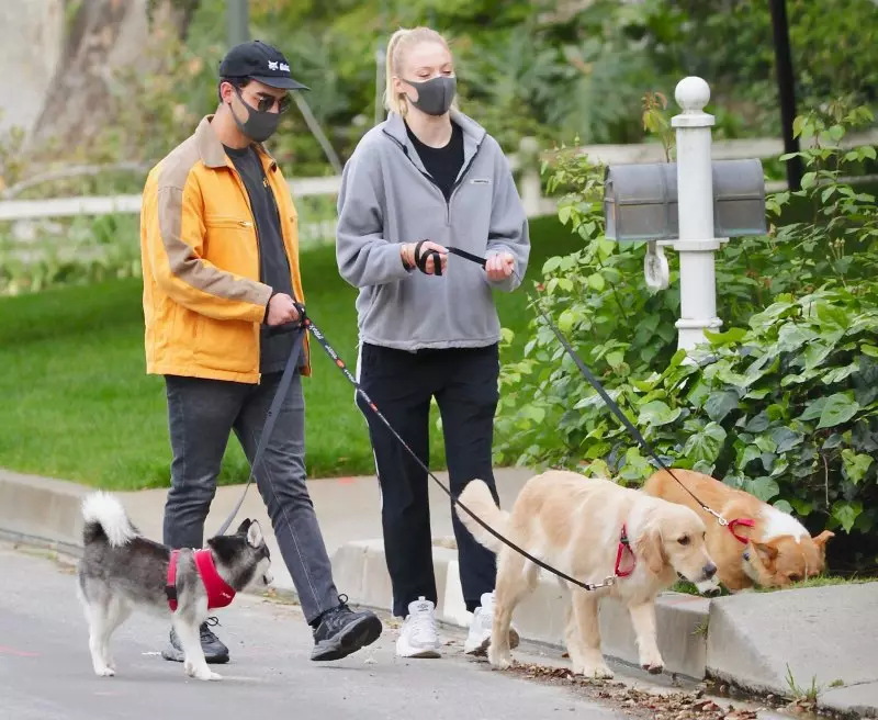 Joe Jonas kaluar tina karantina pikeun leumpang anjing-anjingna sareng pamajikan Sophie Turner