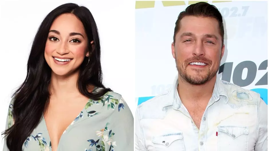 Die Bachelor-Kandidatin Victoria Ruller lächelt in einem geblümten Crop-Top-Split-Bild mit Bachelor Chris Soules im Button-Down-Hemd