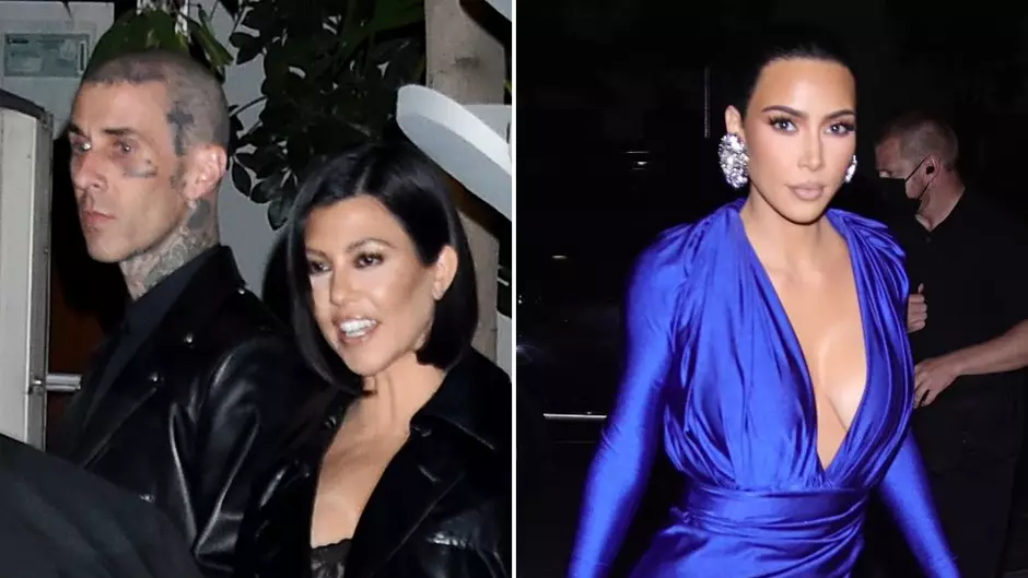 Kourtney Kardashian an Travis Barker Match am Schwaarz, Kim Witz iwwer gescheitert Bestietnes wärend dem Pal senger Hochzäit