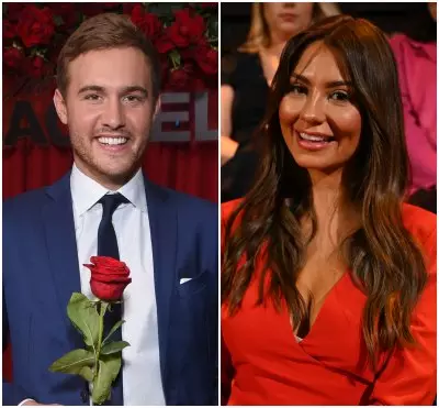 Bachelor Peter Weber hält eine Rose in einem blauen Anzug im Split-Bild mit Kelley Flanagan im roten Kleid bei After the Finale Rose