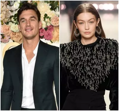 Bachelorettes Tyler Cameron သည် အပြာရောင်ဝတ်စုံ Gigi Hadid မော်ဒယ်များ အနက်ရောင် ဂါဝန်နှင့် Hoop နားကပ်များ ဝတ်ဆင်ထားသည့် Tyler သည် Gigi Hadid ကိုယ်ဝန်ကို တုံ့ပြန်ခဲ့သည်