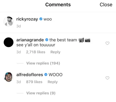 Ariana Grande Ricky alvarez lähtee kiertueelle Instagram-kommentteja