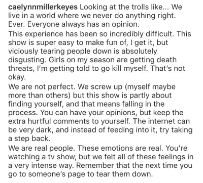 ungkarlen Caelynn Miller Keyes instagraminlägg om tävlande som tar emot dödshot