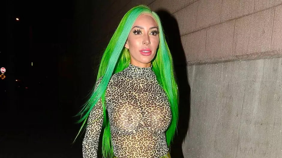 Farrah Abraham sport groen haar en een cheetah-outfit