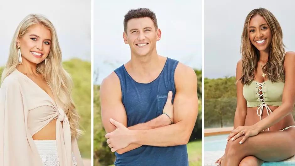 Hlið við hlið myndir af Demi Burnett, Blake Hortsmann og Tayshia Adams á Bachelor in Paradise