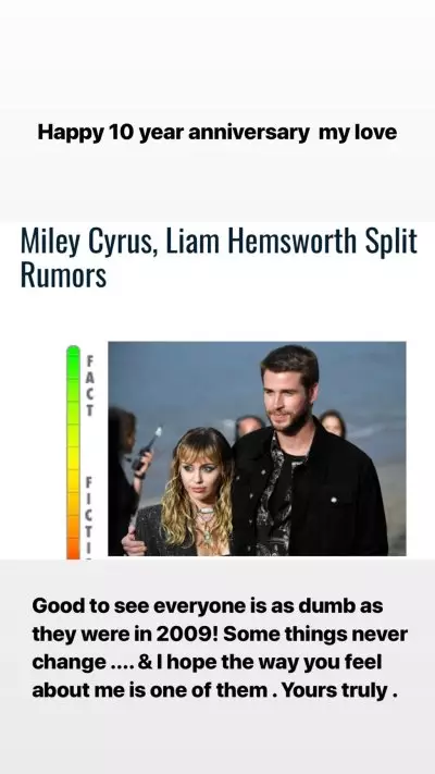 Miley Cyrus Liam Hemsworth နဲ့ လမ်းခွဲလိုက်ပြီလို့ ကောလဟာလတွေ ကွဲနေတာ ၁၀ နှစ်ပြည့် နှစ်ပတ်လည်နေ့ ဖြစ်ပါတယ်။