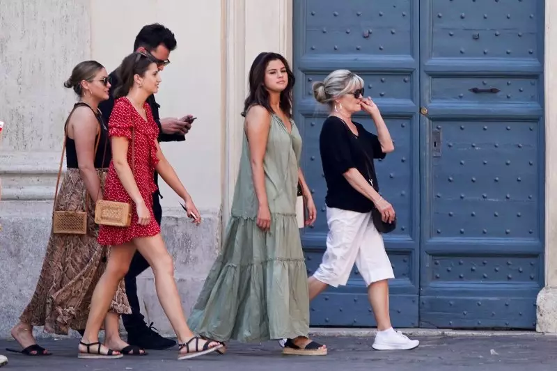 Selena Gomez Green Maxi Dress No Bra in Rome Italy