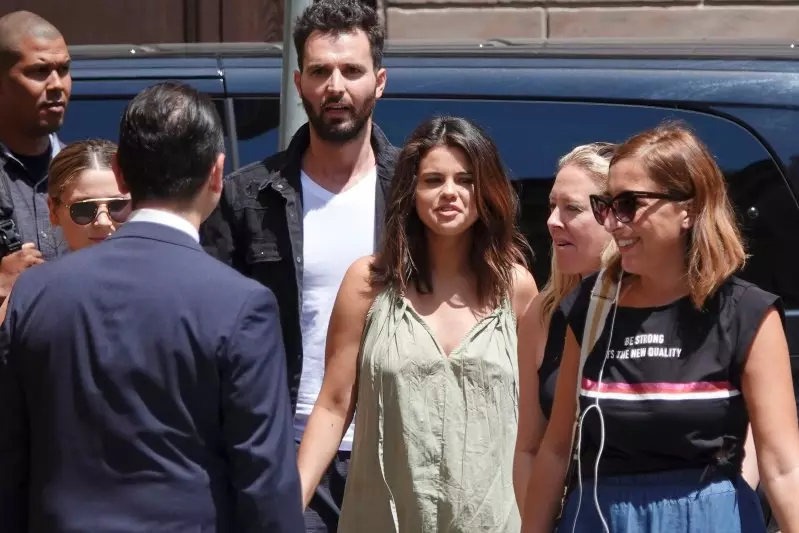 Selena Gomez Green Maxi Dress No Bra in Rome Italy