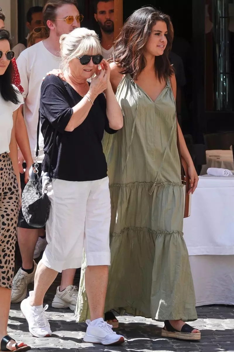 Selena Gomez Green Maxi Dress No Bra in Rome Italy