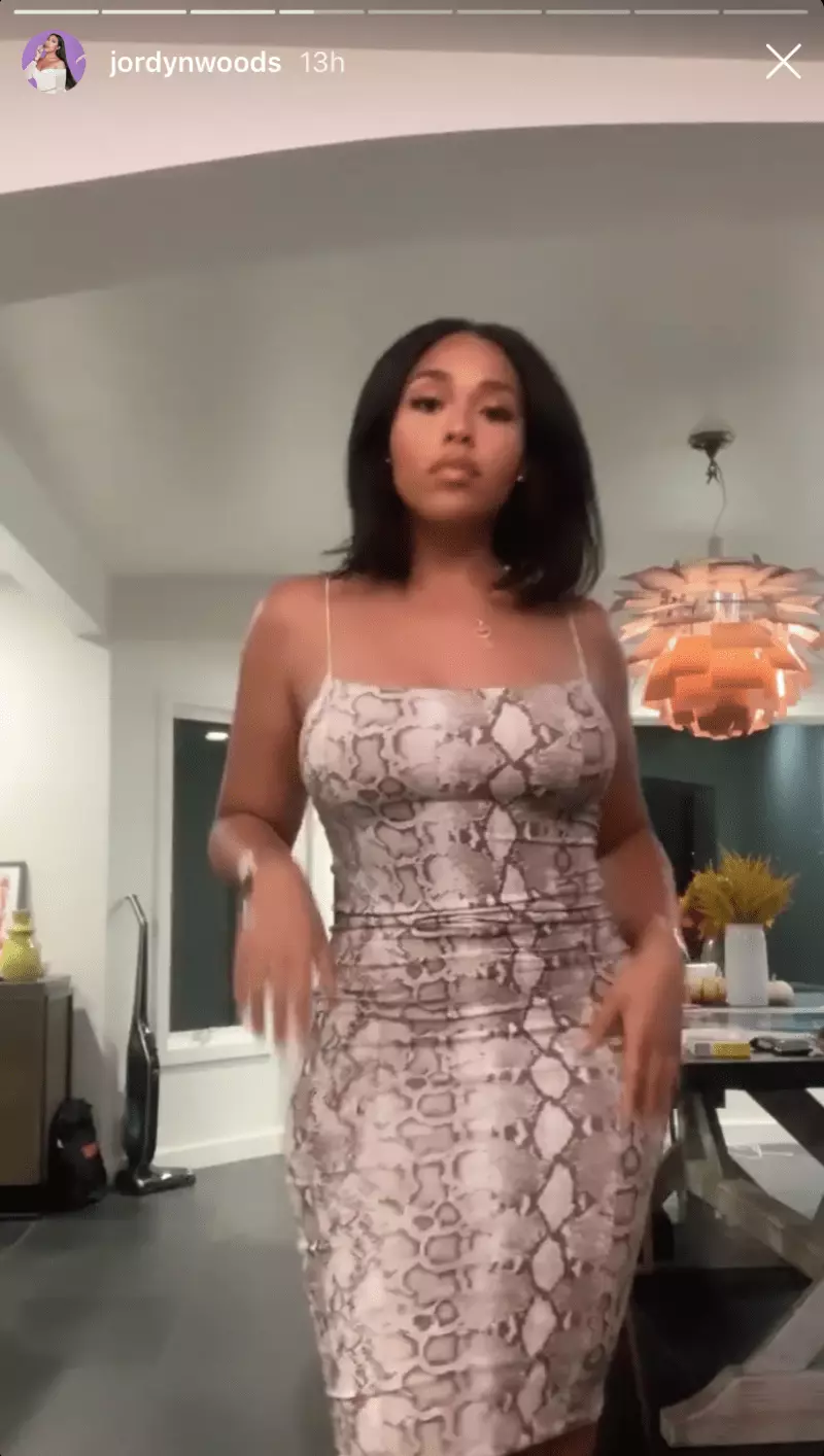 Jordyn Woods katika mavazi ya ngozi ya nyoka