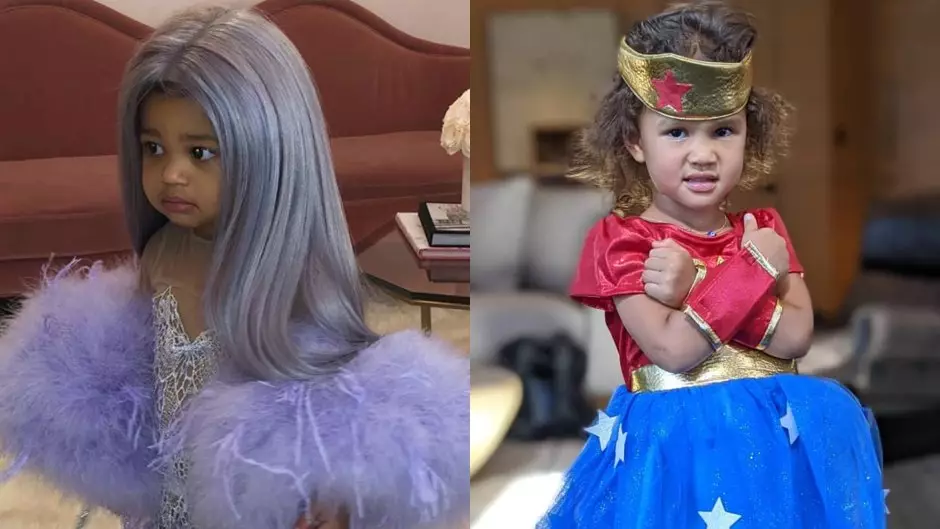 Gwisgoedd Calan Gaeaf Celebrity Kids 2019, Stormi Webster a Luna Stephens Split Image