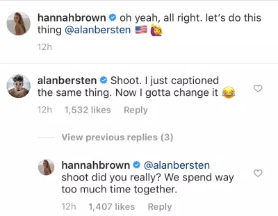 Hannah Brown နှင့် Alan Bersten တို့သည် IG တွင် Flirty ရယူကြသည်။