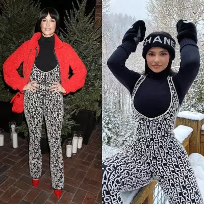 Een gesplitst beeld van Kacey Musgraves en Kylie Jenner die dezelfde Chanel-jumpsuit dragen