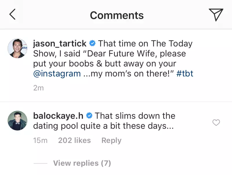 Blake Hortsmann commenta l'Instagram di Jason Tartick