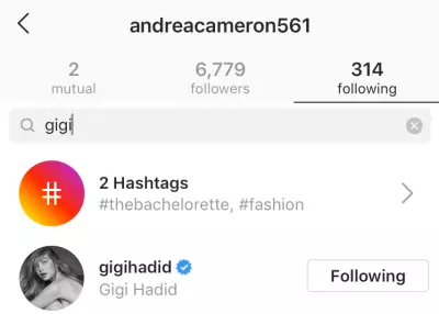 Tyler Camerons mamma Andrea Cameron följer Gigi Hadid på Instagram