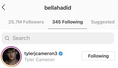 Bella Hadid följer Tyler Cameron på Instagram