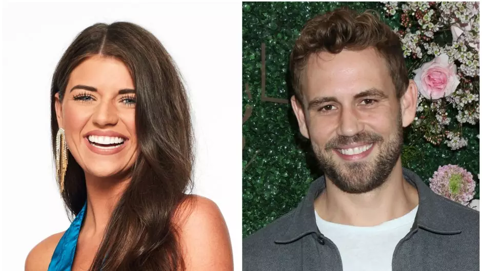 Bekarlığa Veda Yarışmacısı Madison Prewett, Bekar Headshot'ta Gülümsüyor Nick Viall Gri Ceket ve Beyaz Tişört Giyer