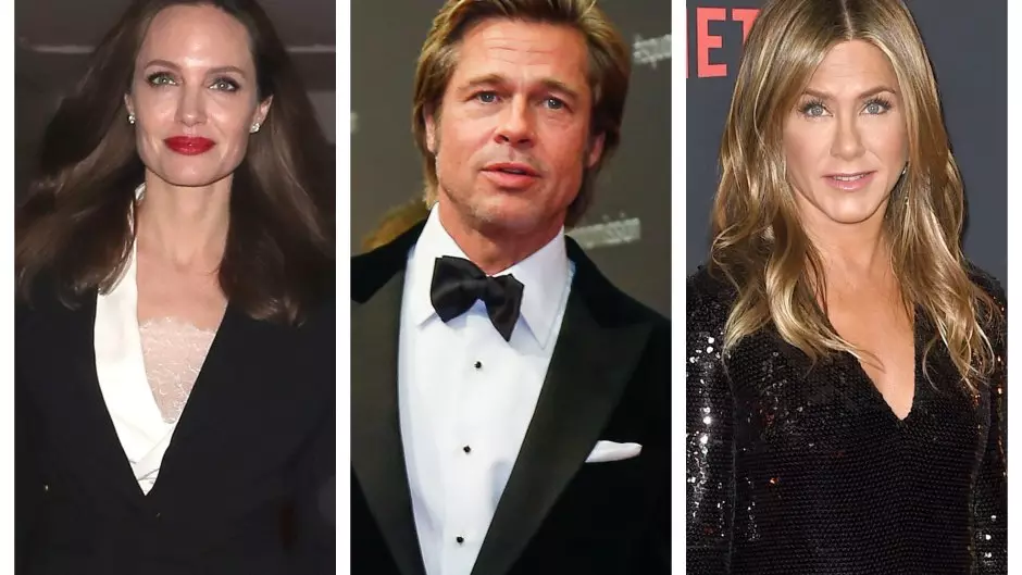 Una imagen dividida de Angelina Jolie, Brad Pitt y Jennifer Aniston