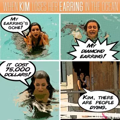 Kim perd sa boucle d'oreille dans l'océan