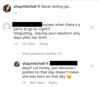 Shay Mitchell klapt terug naar een fan over het moederschap