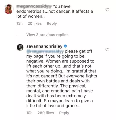 Savannah Chrisley salbiy muxlisni qo'pol endometrioz sharhiga tanqid qildi
