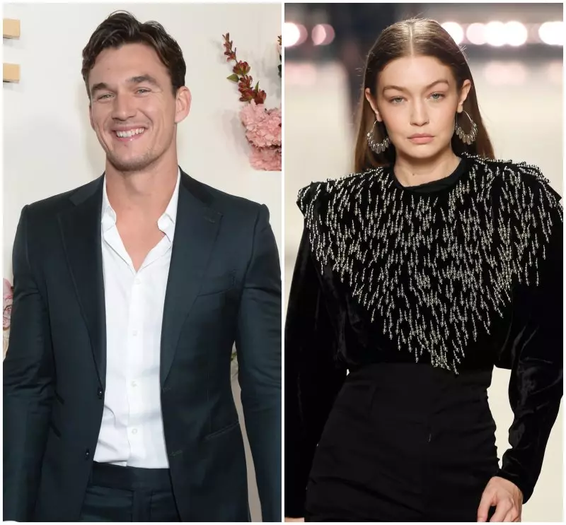 Tyler Cameron sorrí cun traxe azul nunha imaxe dividida con Gigi Hadid camiñando pola pasarela cun vestido negro