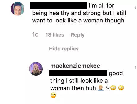 Mackenzie Mckee Instagramkommentar till Body Shamer som kallar henne för muskulös