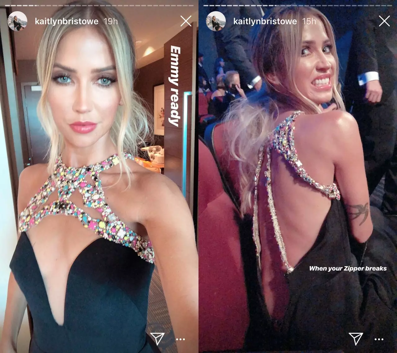 pakaian emmy kaitlyn bristowe membelah bahagian belakang akibat kerosakan almari pakaian